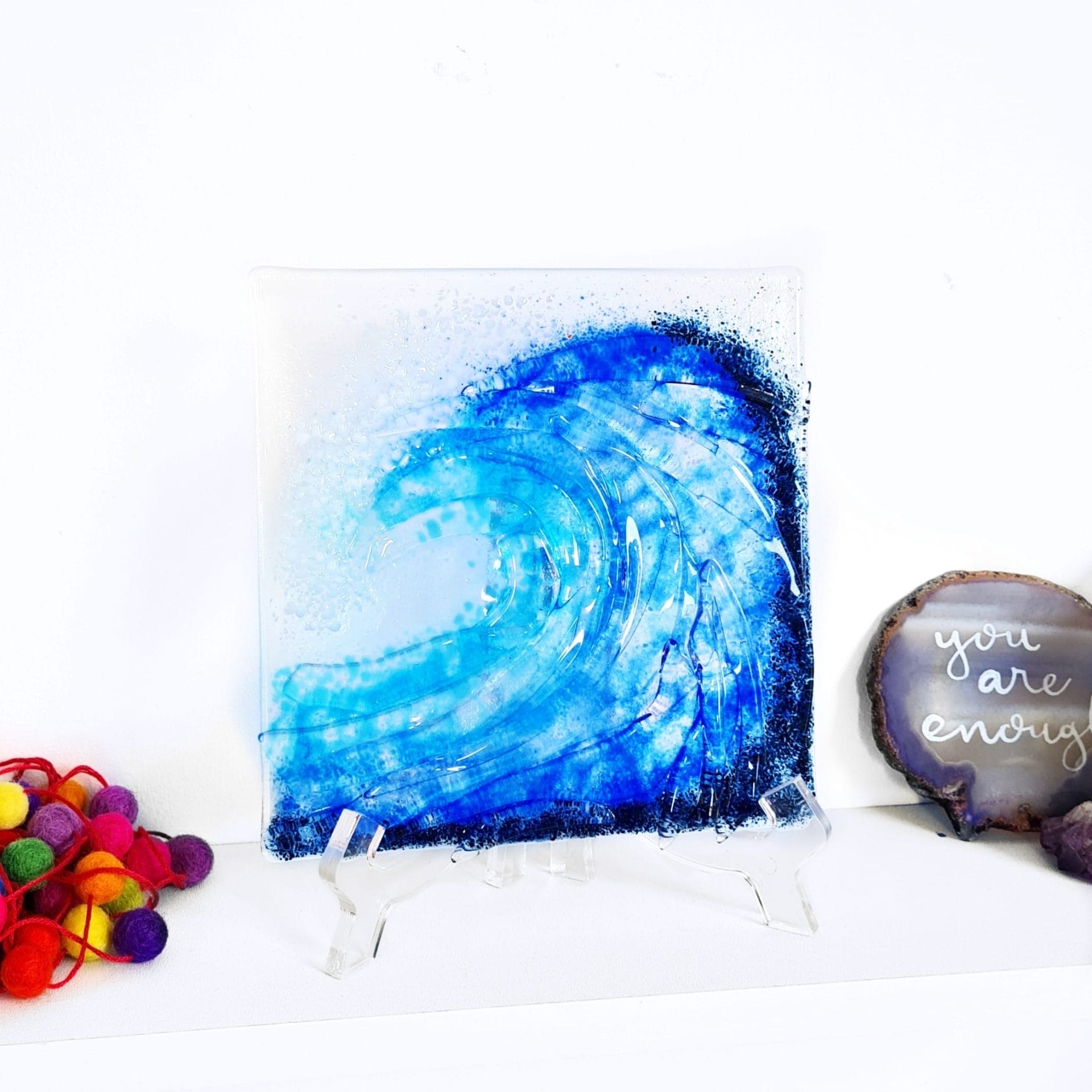 Fused Glass Sea Ocean Wave with clear stand 15cm | Vivid Lux Glass